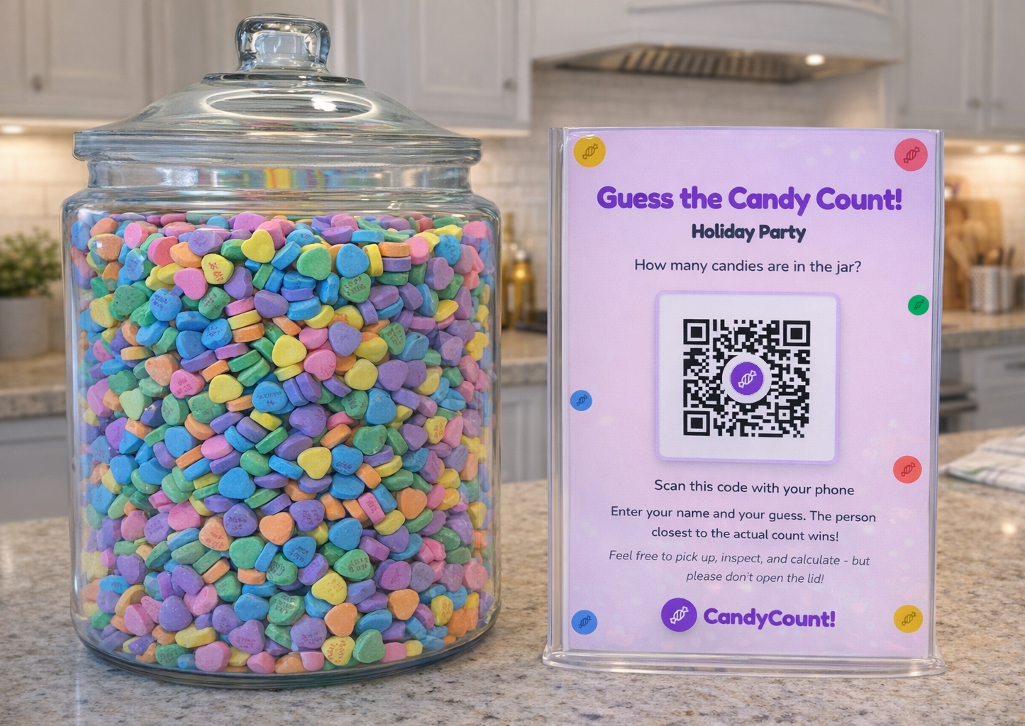 Candy jar with guessing game poster